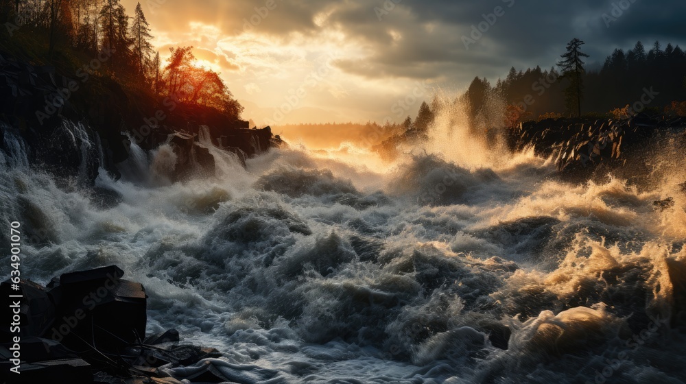 Foto de Image of powerful river in full flood, its churning waters ...