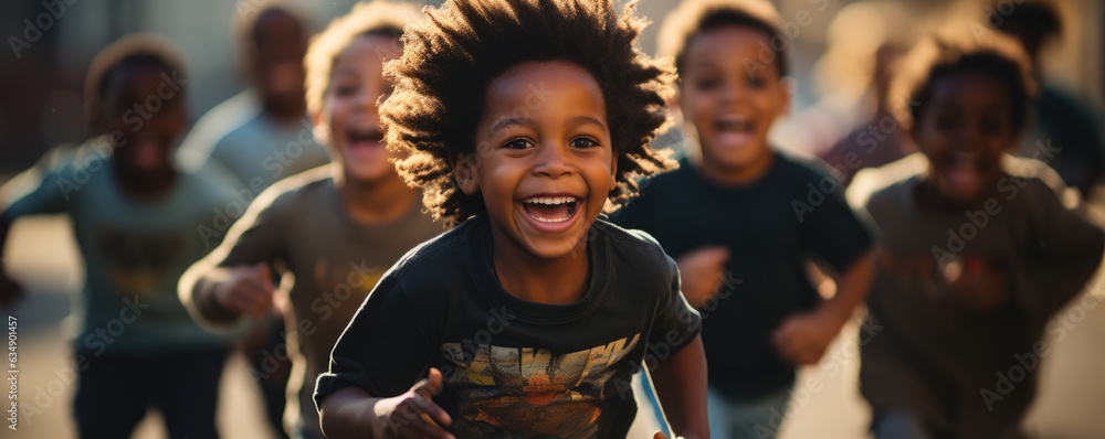 A group of Black children run around a track cheered on by excited ...