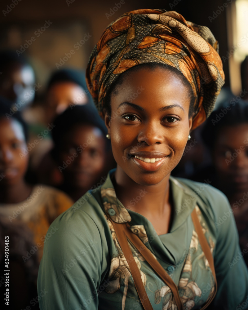 An African woman stands in a small classroom teaching a class of young ...
