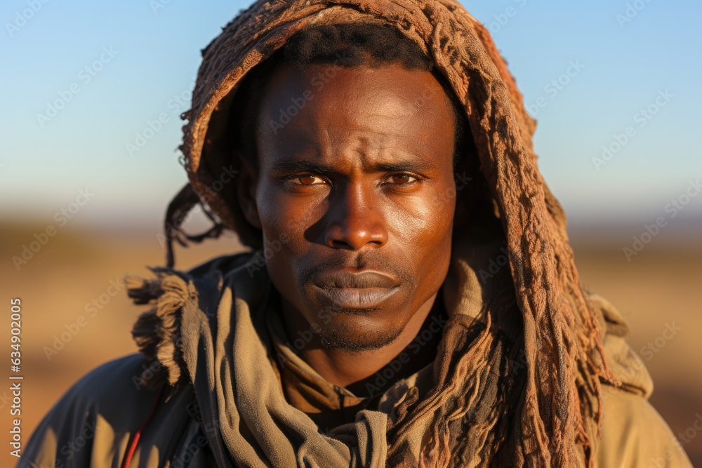 A young African man stands in the middle of an arid desert the dust ...