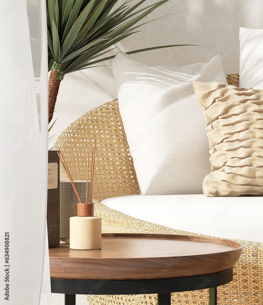 Reed stick diffuser on brown round wood pedestal side table podium ...