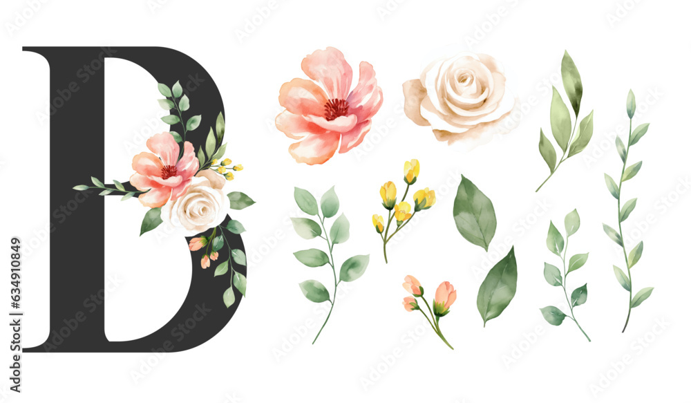 Floral alphabet, letter B with watercolor flowers and leaf. Monogram ...