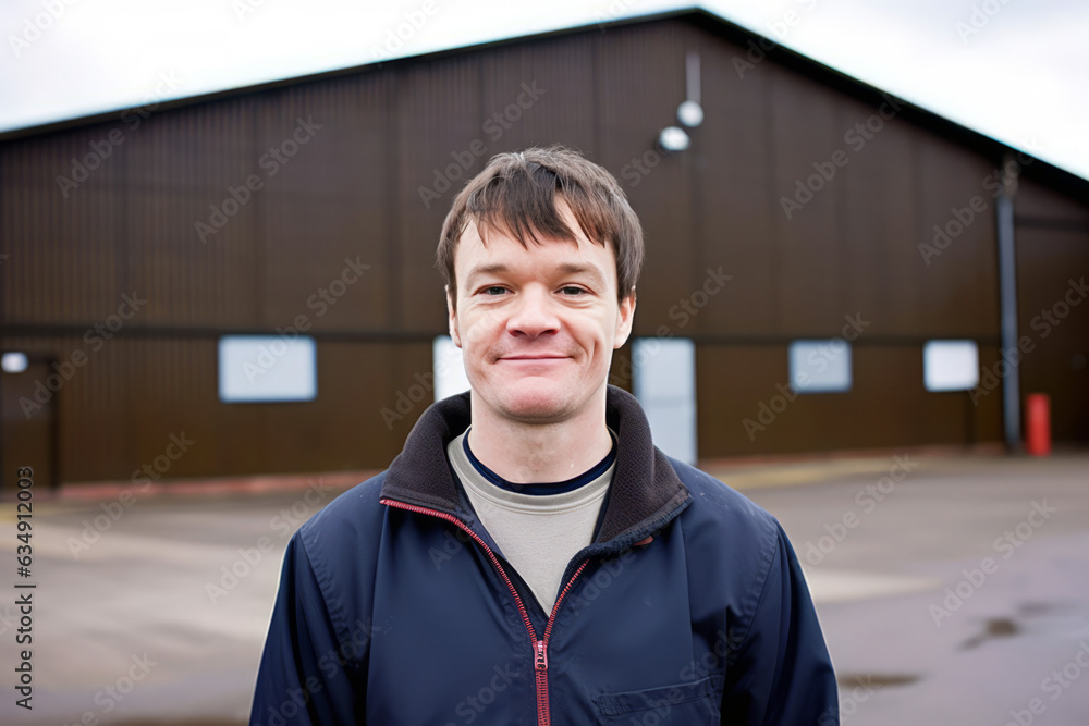 Dedicated dock worker outside a bustling port warehouse, captured in an ...