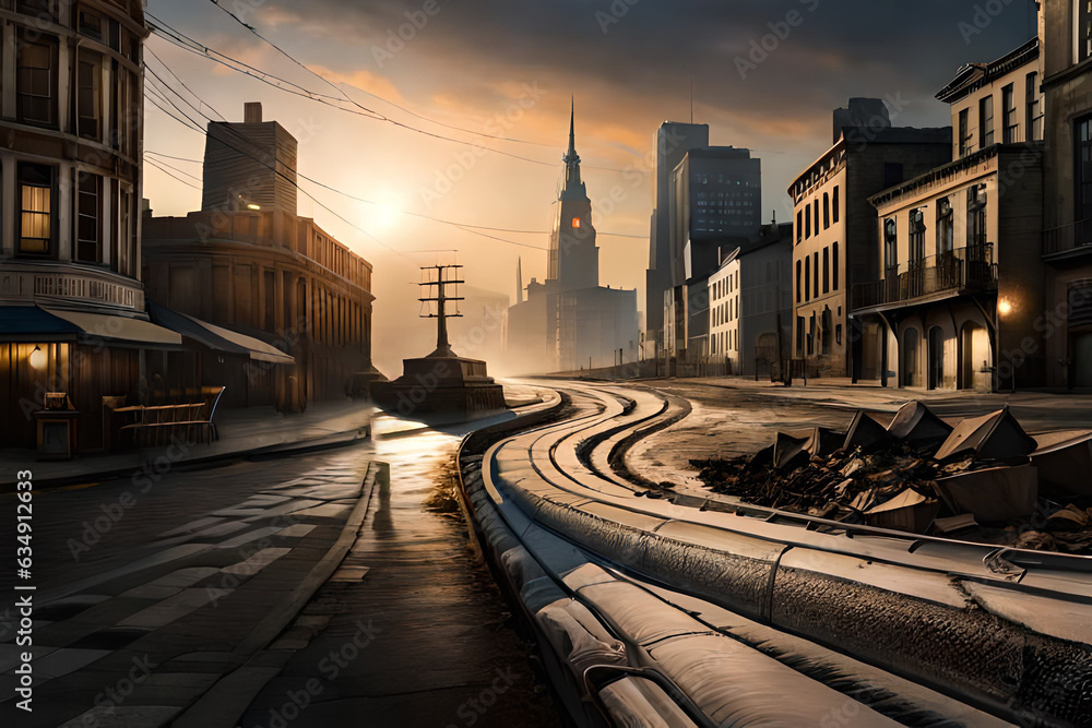 abstract scene of post apocalypse city, world after war, urban ruins ...
