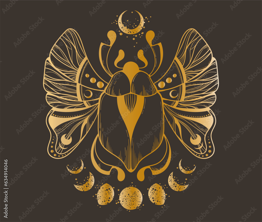 Mystical celestial scarab beetle and moon phases clipart in gold foil ...