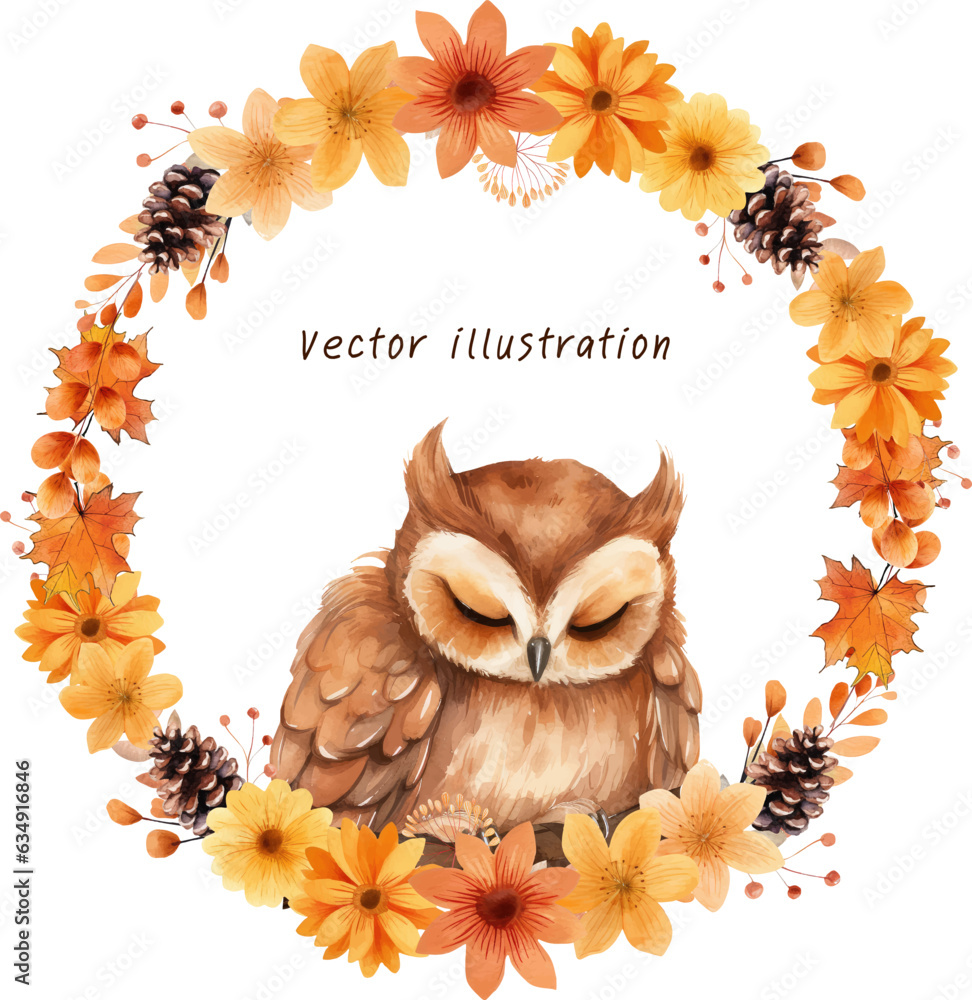 autumn leaves flowers wreath frrame border with sleeping owl watercolor ...