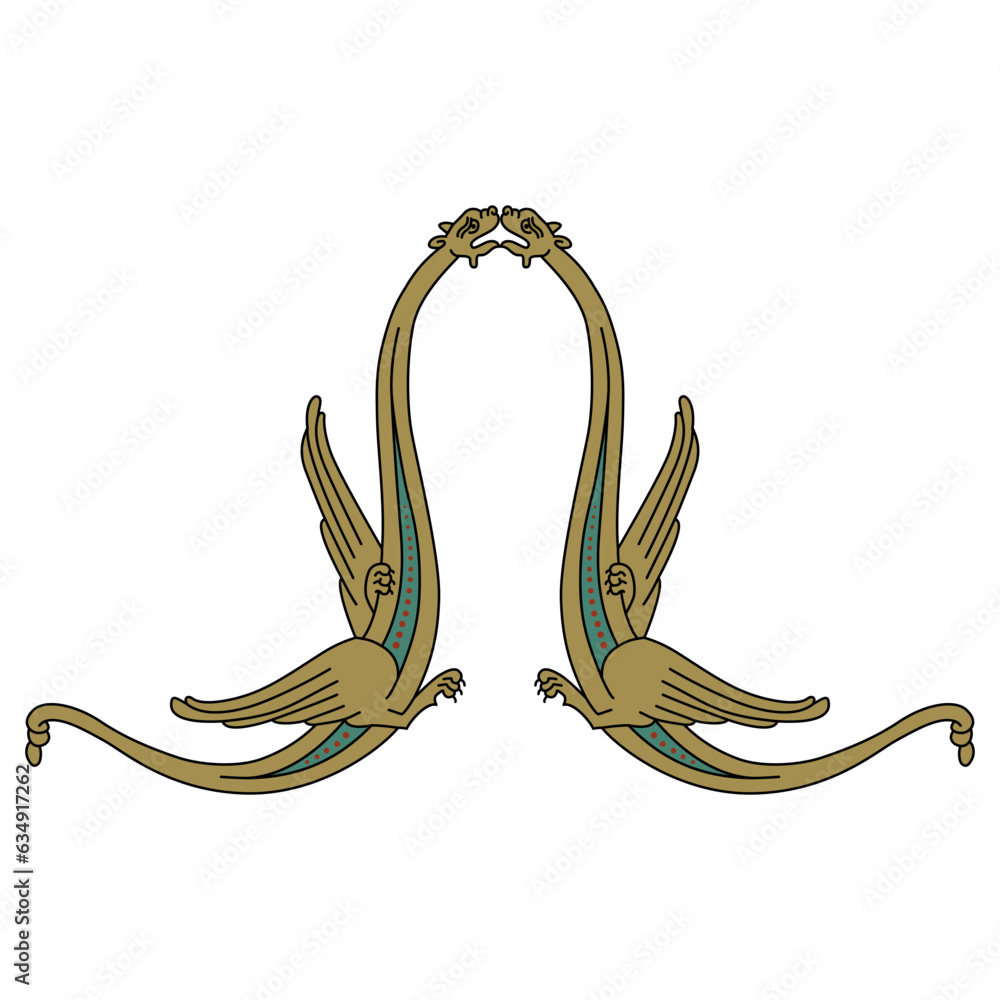 Symmetrical animal design with two winged medieval dragons. Illuminated ...