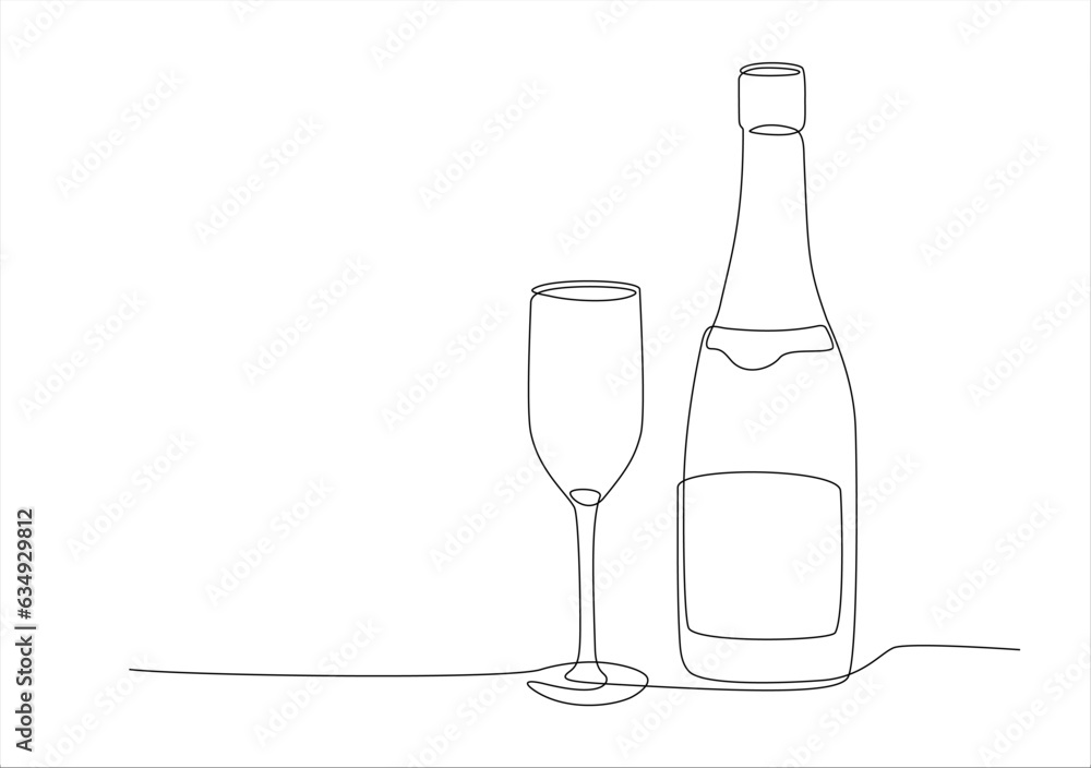 Continuous single line drawing of Bottle of champagne with champagne ...