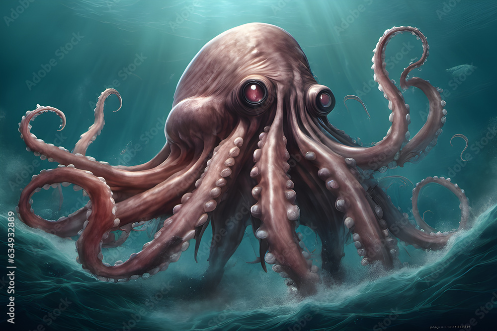 the ancient sea octopus monster, with many tentacles on its snout Stock ...
