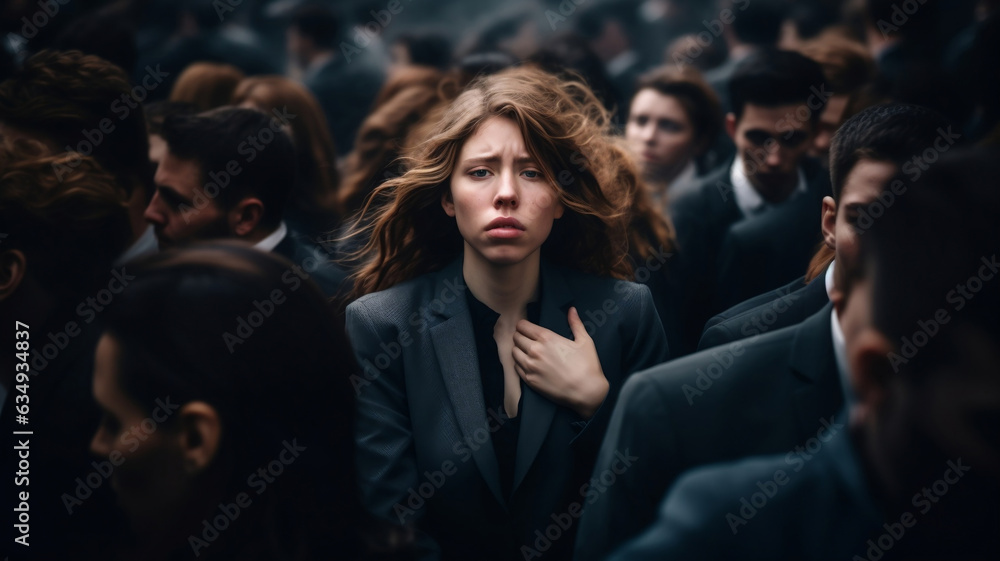 A stressed, overwhelmed woman is walking in the middle of a crowd of ...