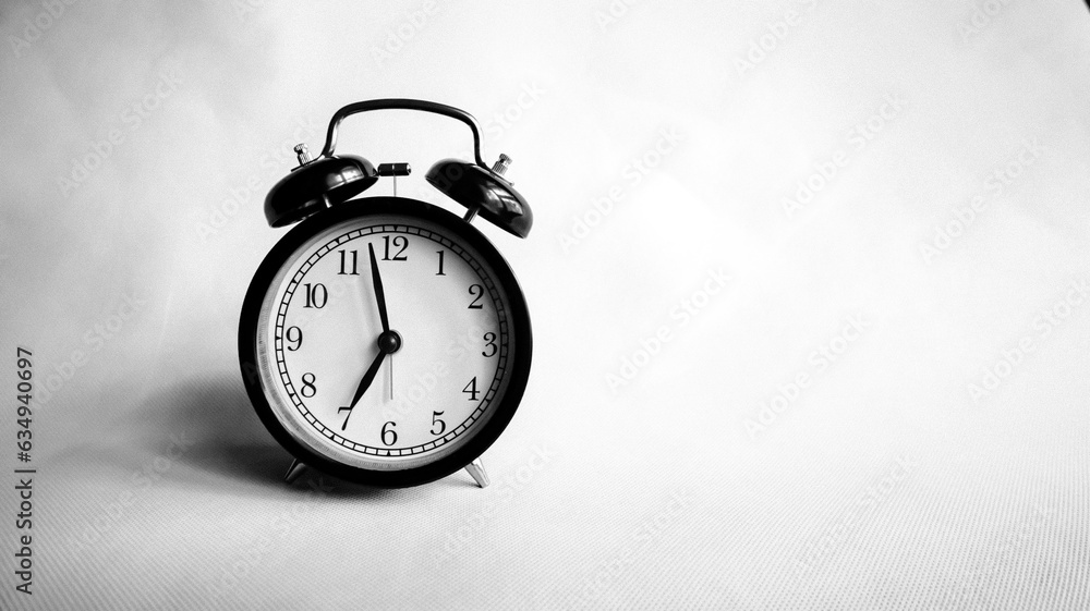 Background photo of an alarm clock showing 7:00 o'clock, black and ...