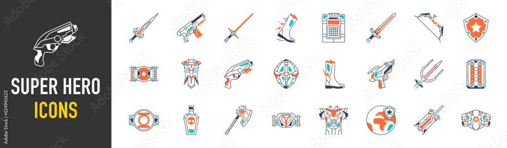 Super hero icon set in thin style. Contains such icons as Gun, Weapon ...