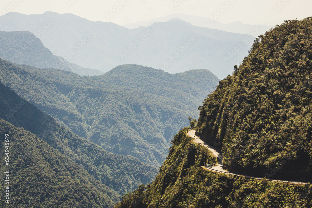 The famous Yungas Road as know as Death road in the mountains of La Paz ...