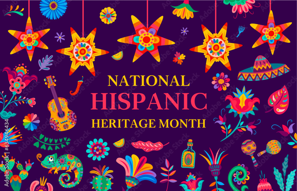 Vetor de National hispanic heritage month festival banner with pinatas ...