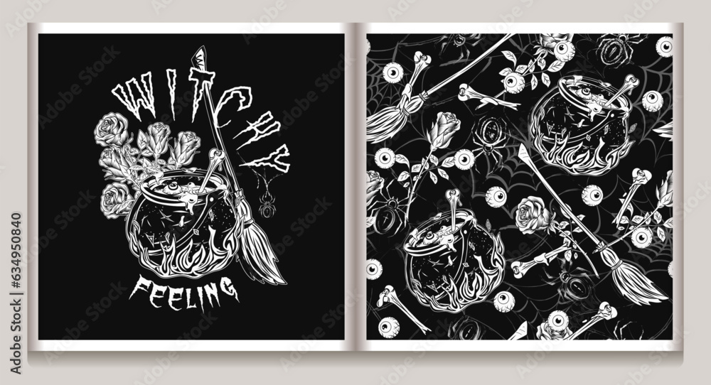 Set of halloween pattern and logo with witch cauldron with bubbling ...