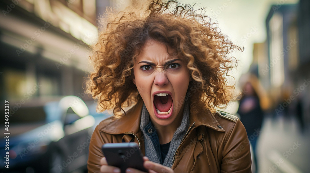 An enraged woman, clutching a cell phone in her hand, is captured in ...