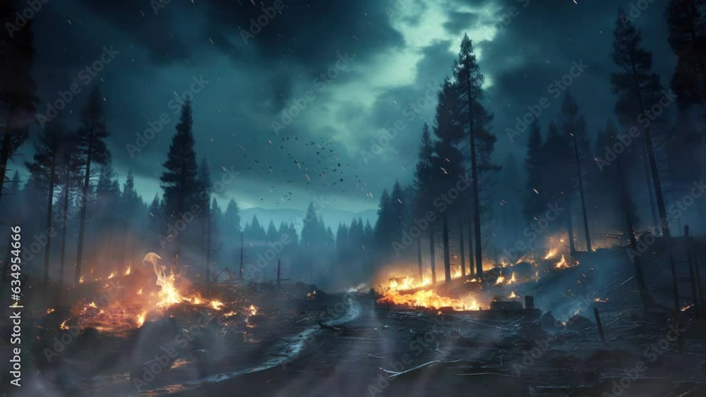 Starry Night Meets Forest Fire. Aerial Contrast of Beauty and ...