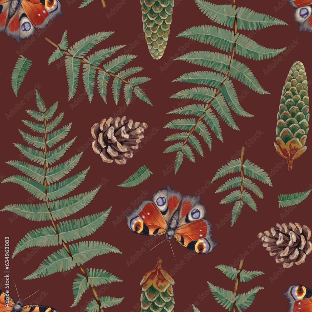 Seamless pattern design with acrylic illustrations of fern, pine cone ...
