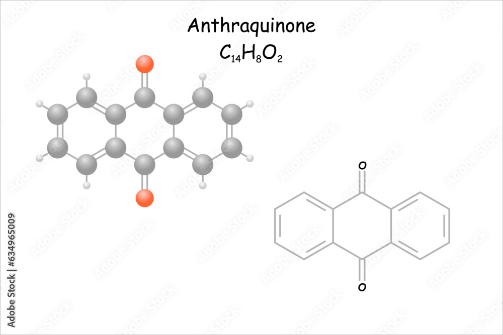 Anthraquinone. Stylized molecule model and structural formula. Use as ...