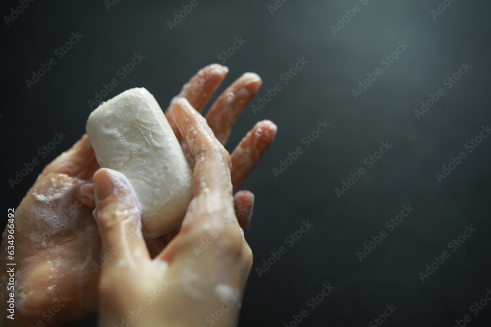 Bare hands in soapy foam. Hand hygiene. Wash your hands. Disinfection ...