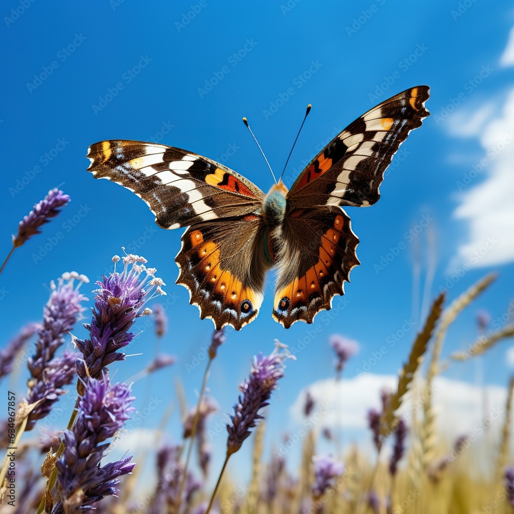 Flying Purple emperor butterfly (Apatura iris) over blooming blue ...