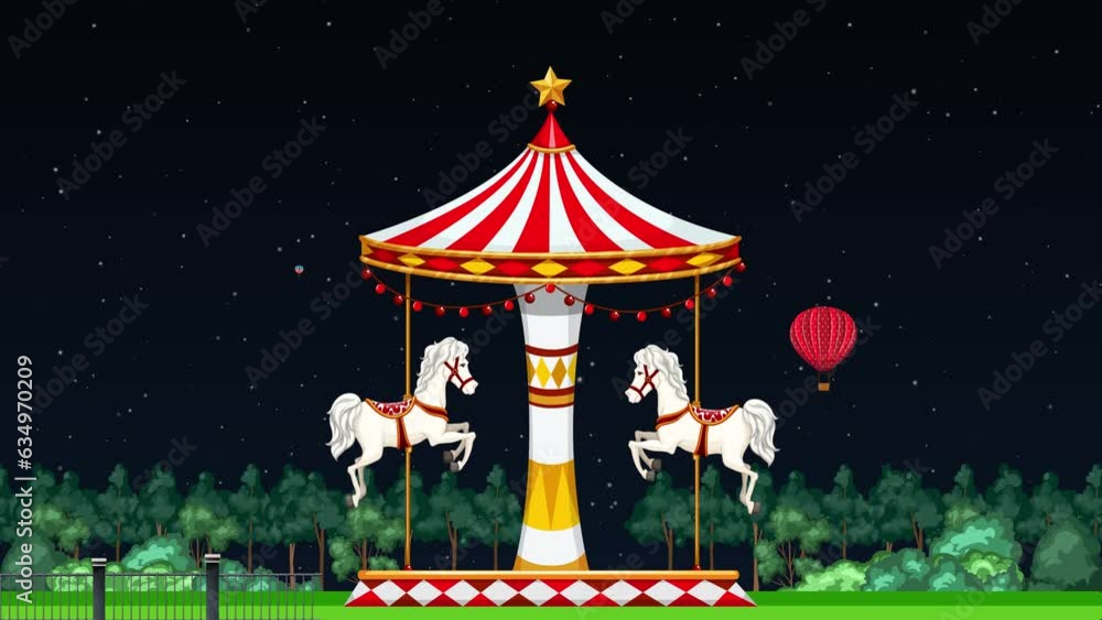 Night at amusement park background with firework. Carousel going around ...