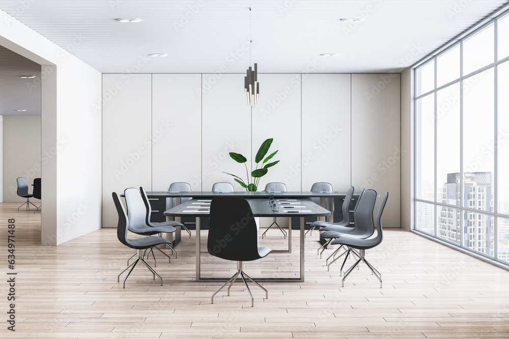 Front view of modern light meeting room interior with office desk and ...