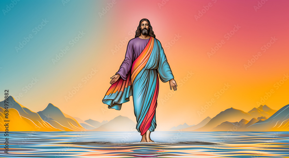 Jesus Christ walking on water at the sea. with colors of rainbow. Stock ...