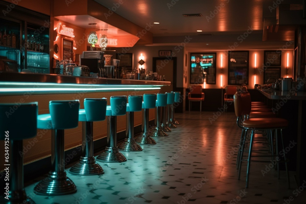 Classic diner ambiance featuring a tiled floor, vibrant neon lighting ...