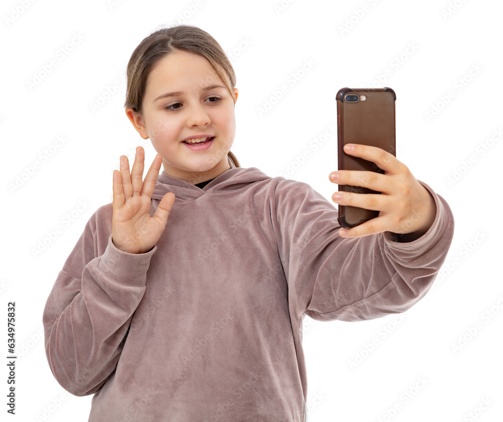Portrait of twelve year old kid take selfie and waving raised palm ...