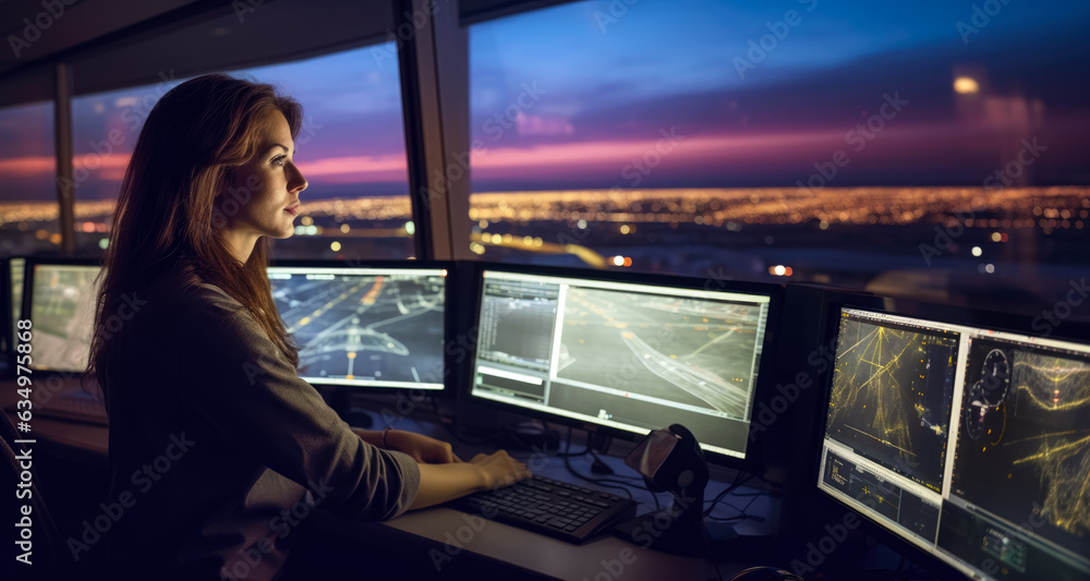 Woman working as air traffic controller. Female sitting at airport ...