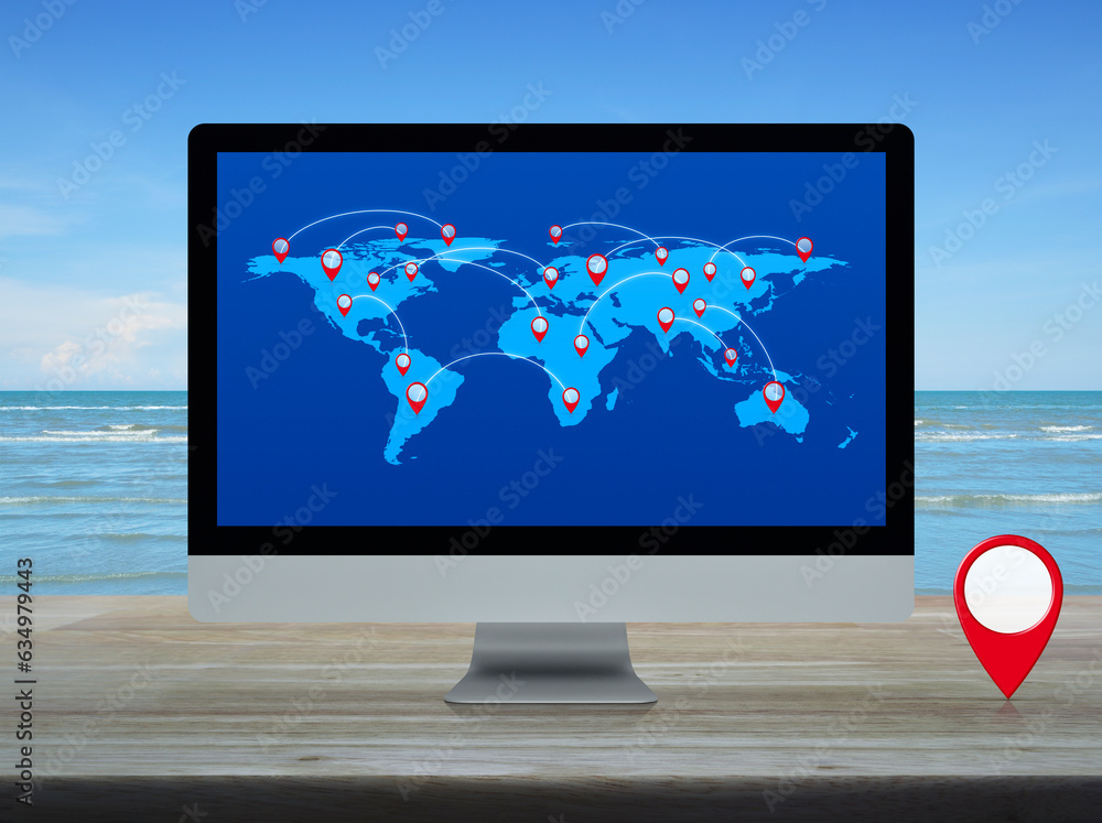 Map pin location button with connection line and world map on computer ...