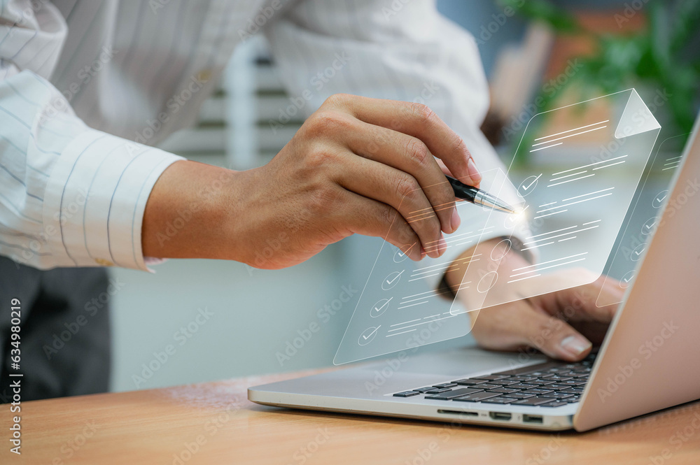 Document Management System (DMS) concept. Businessmen checklist ...