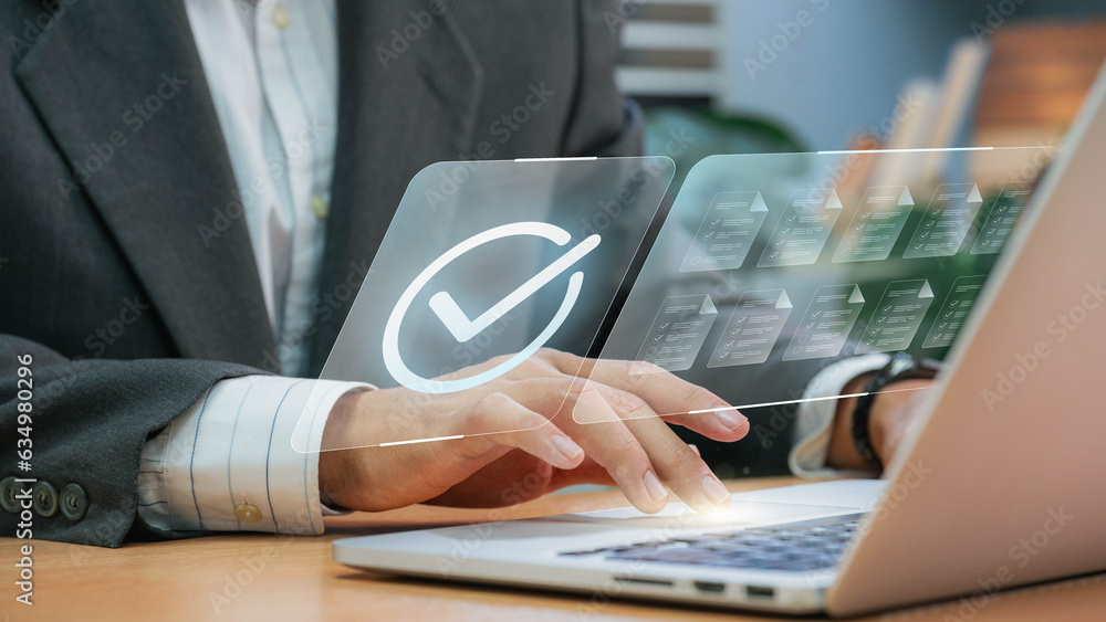 Document Management System (DMS) concept. Businessmen checklist ...