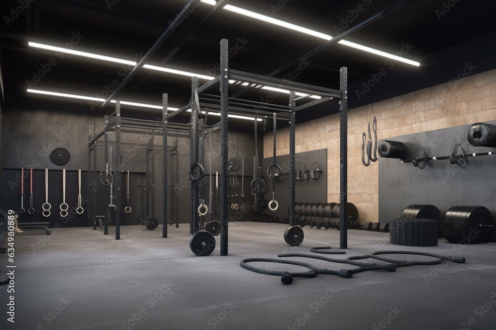 CrossFit gym with equipment for cross-flow. Rendered in 3D. Generative ...