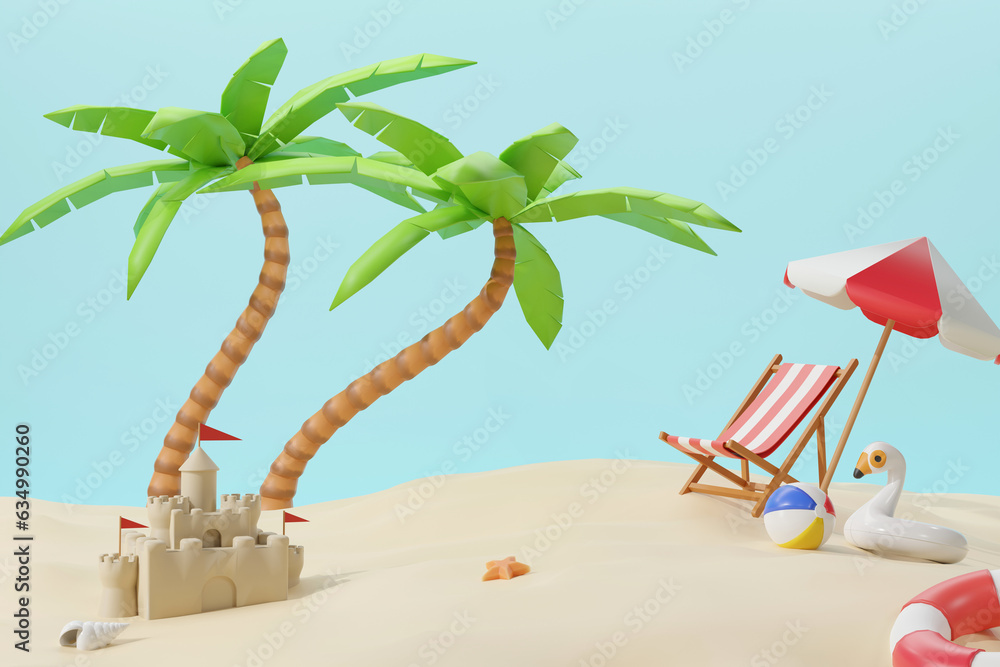 3D minimal beach scene with sand space and sand castle , 3D rendering ...