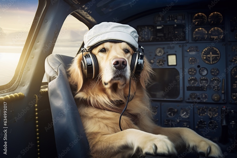 excited golden retriever dog dressed as a pilot sitting in a cockpit ...