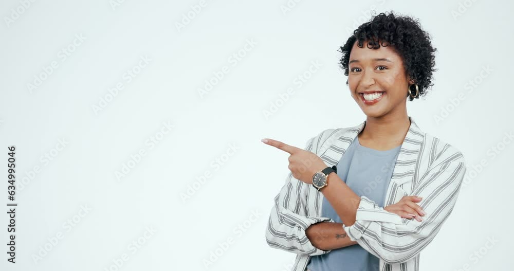 Face, happy woman and pointing to advertising space, mockup or information about us on white ...