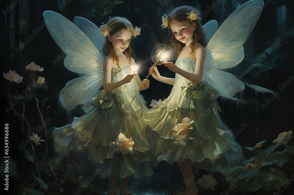 Pintura al óleo de dos hadas de noche iluminando el bosque con su magia ...