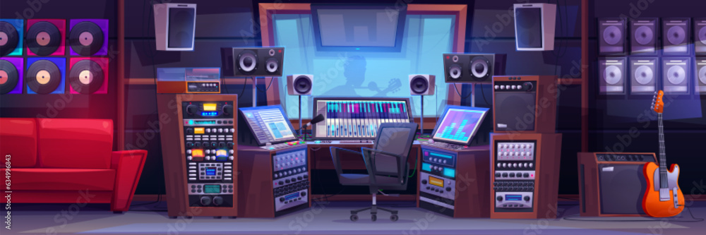 Music recording studio interior with sound production equipment ...