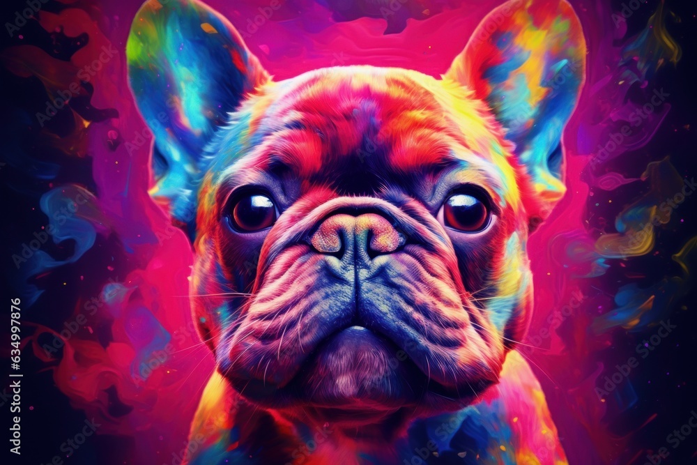 Multi coloured illustration art, the head of a french bulldog dog ...
