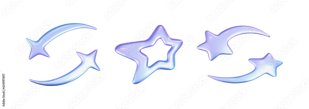 3d holographic stars set in y2k futuristic style isolated on white ...