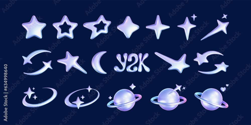 3d holographic stars and planets set in y2k, futuristic style on dark ...
