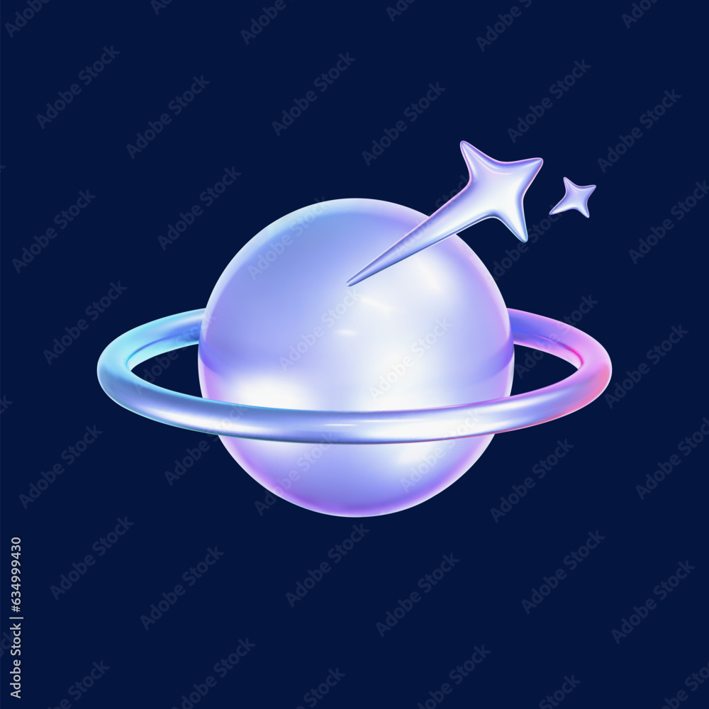 3d holographic galaxy planet icon with shooting stars in y2k style ...