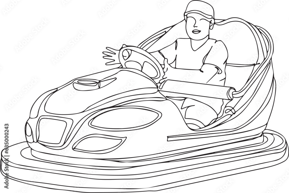 Hand-Drawn Cartoon Young Boy Riding Bumper Car, Single Line Sketch of ...