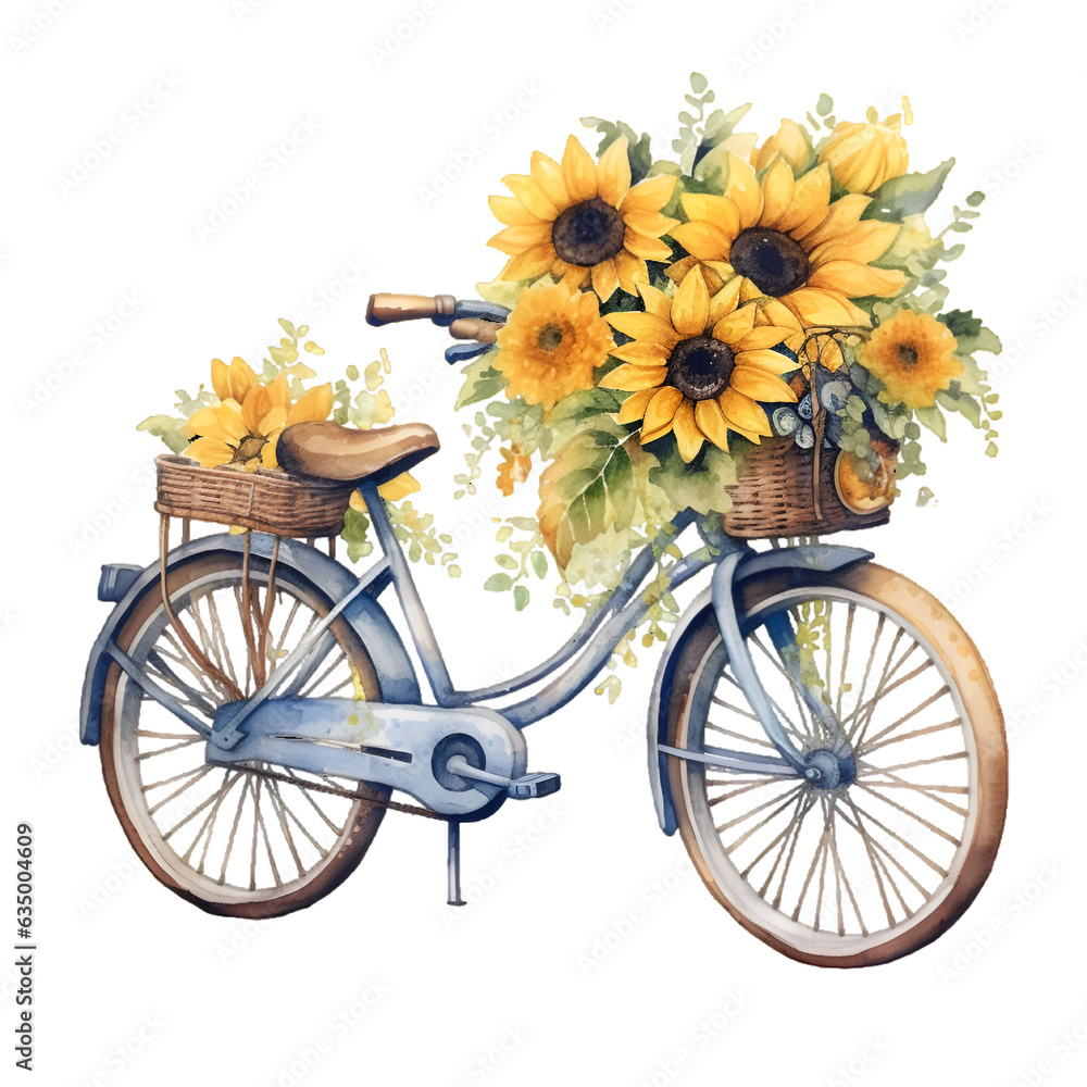 Watercolor bicycle with sunflower autumn clipart Generative AI, png ...