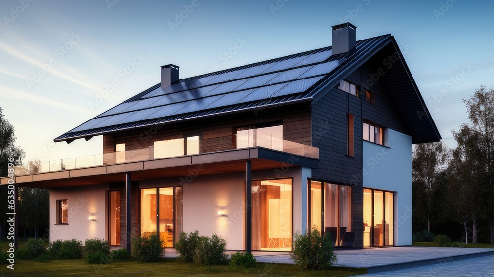 A modern, well-insulated home with solar panels on the roof ...