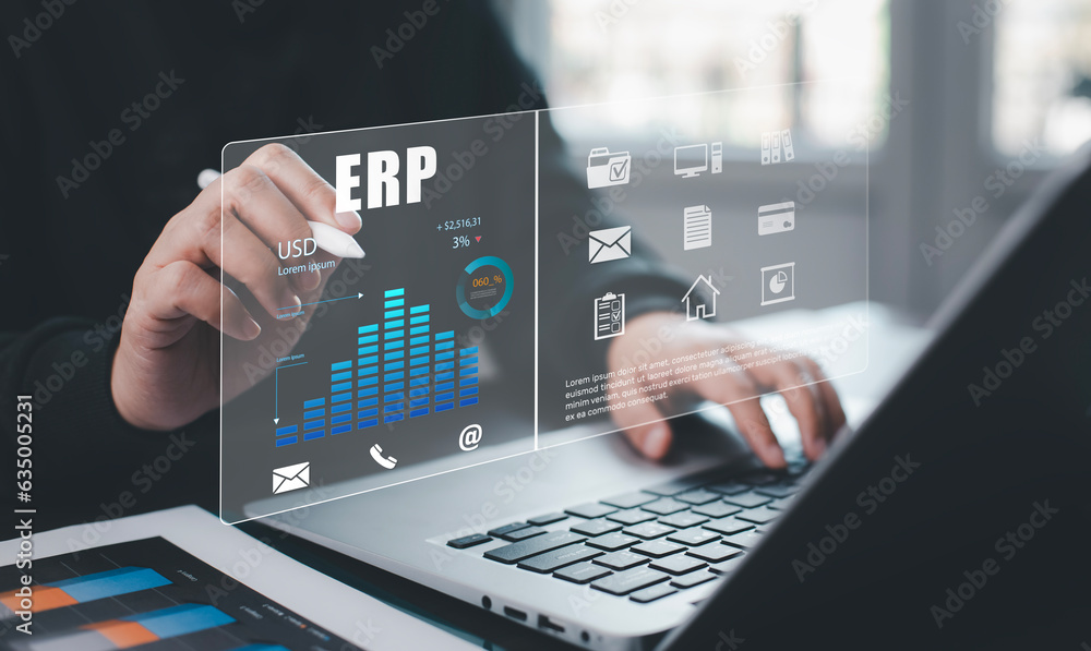 Business people using a laptop with document management for ERP. Enterprise resource planning ...