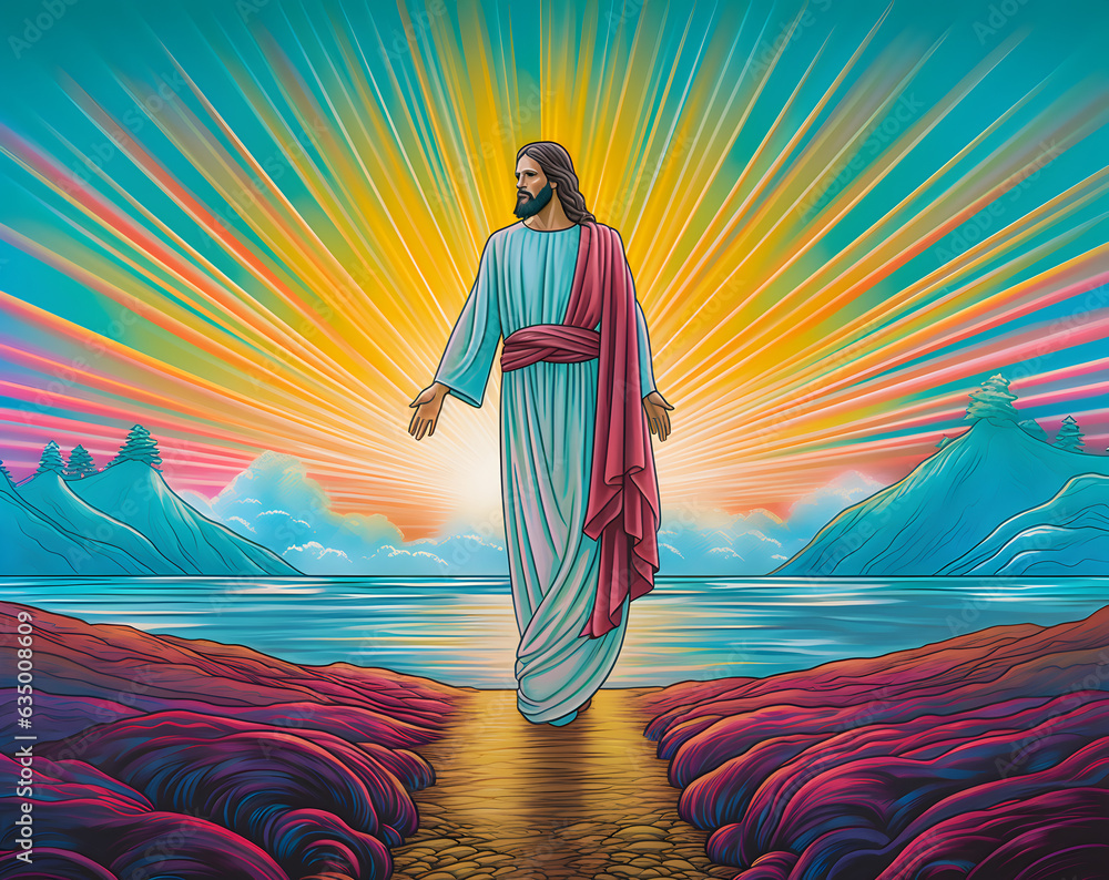 Jesus Christ walking on water at the sea. with colors of rainbow. Stock ...
