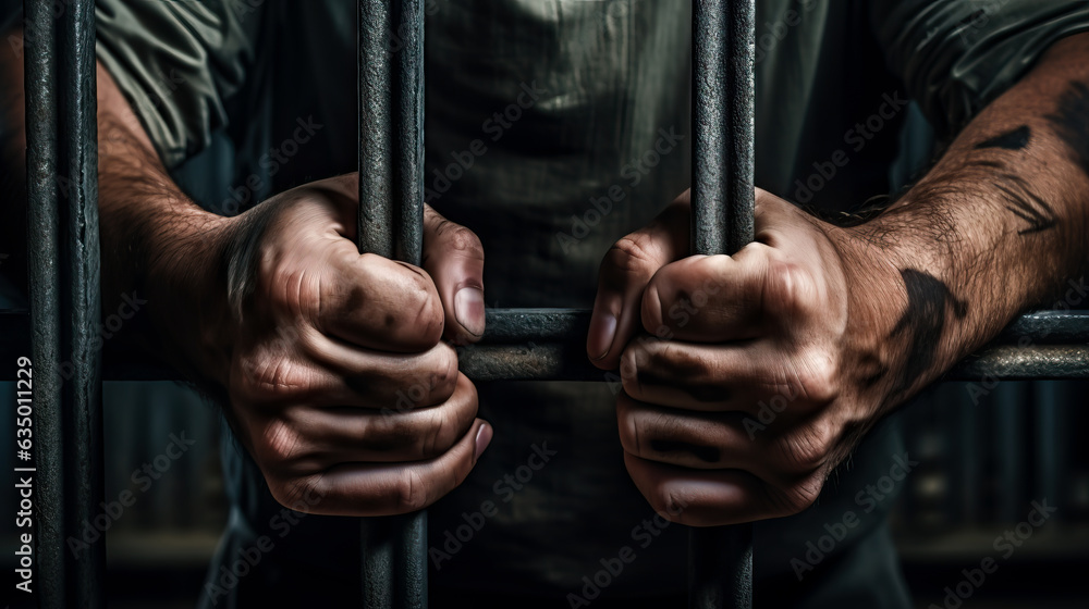 Man in Jail or Prison grabbing the iron bars of his prison cell ...